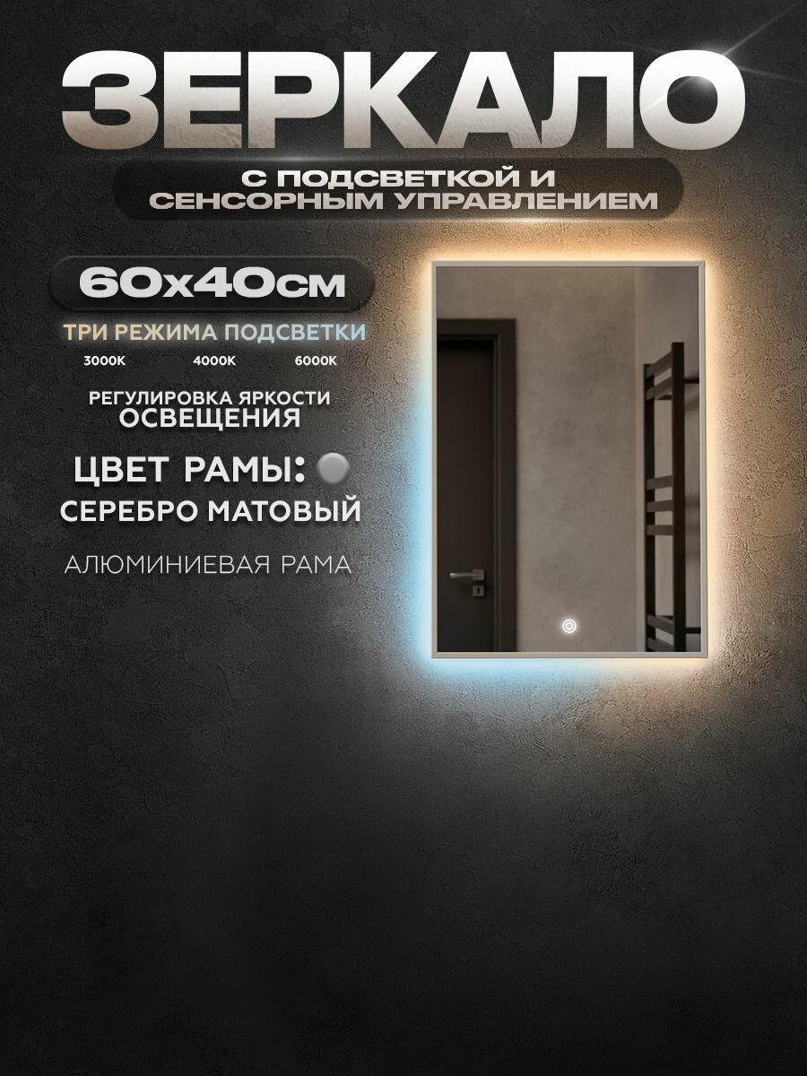 Зеркало с подсветкой в ванную сенсорное ONE MIRROR 60х40см. Серебро
