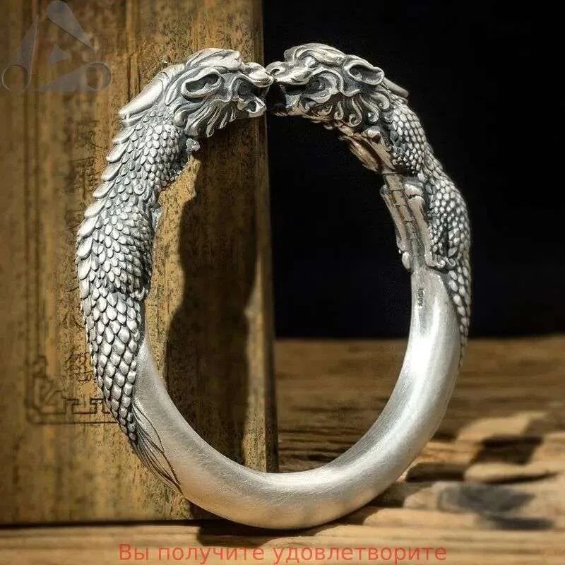 Браслет бэнгл в виде двух драконов из легированной стали для мужчин и женщин серебряного цвета