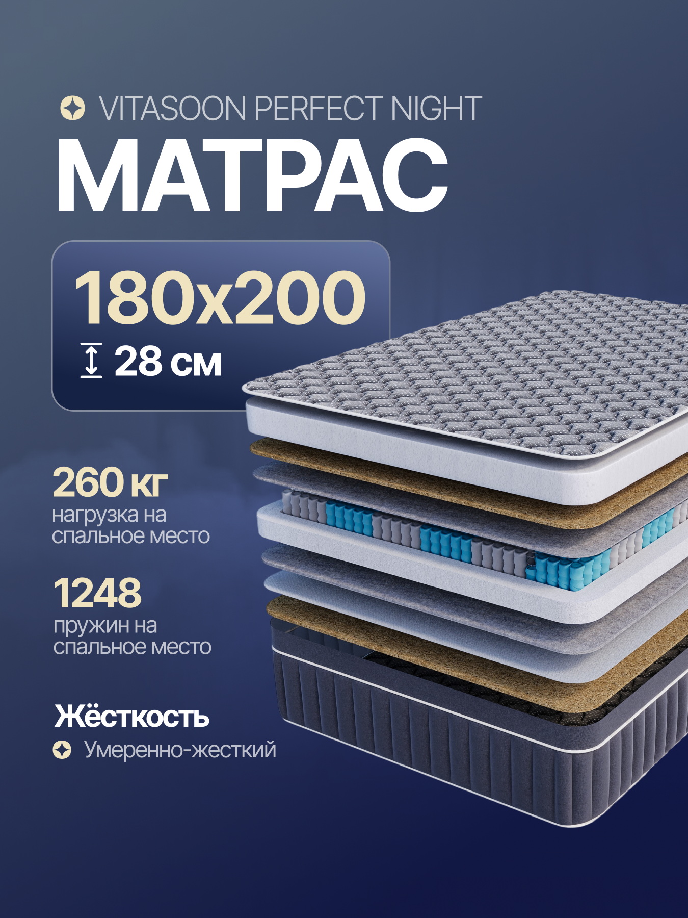 Матрас 180х200 ортопедический пружинный высота 28 см Vitasoon Perfect Night двуспальный