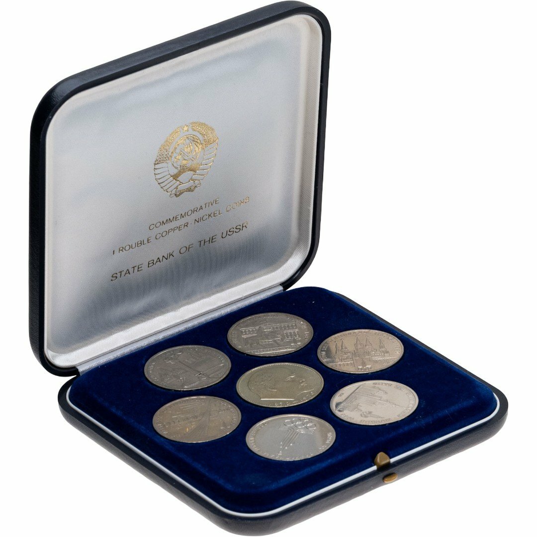 Набор из 7 монет СССР Олимпиада - 80 + 1 рубль 1970 100 лет со дня рождения В И Ленина , в футляре Государственного Банка СССР, Мельхиор медь-никель
