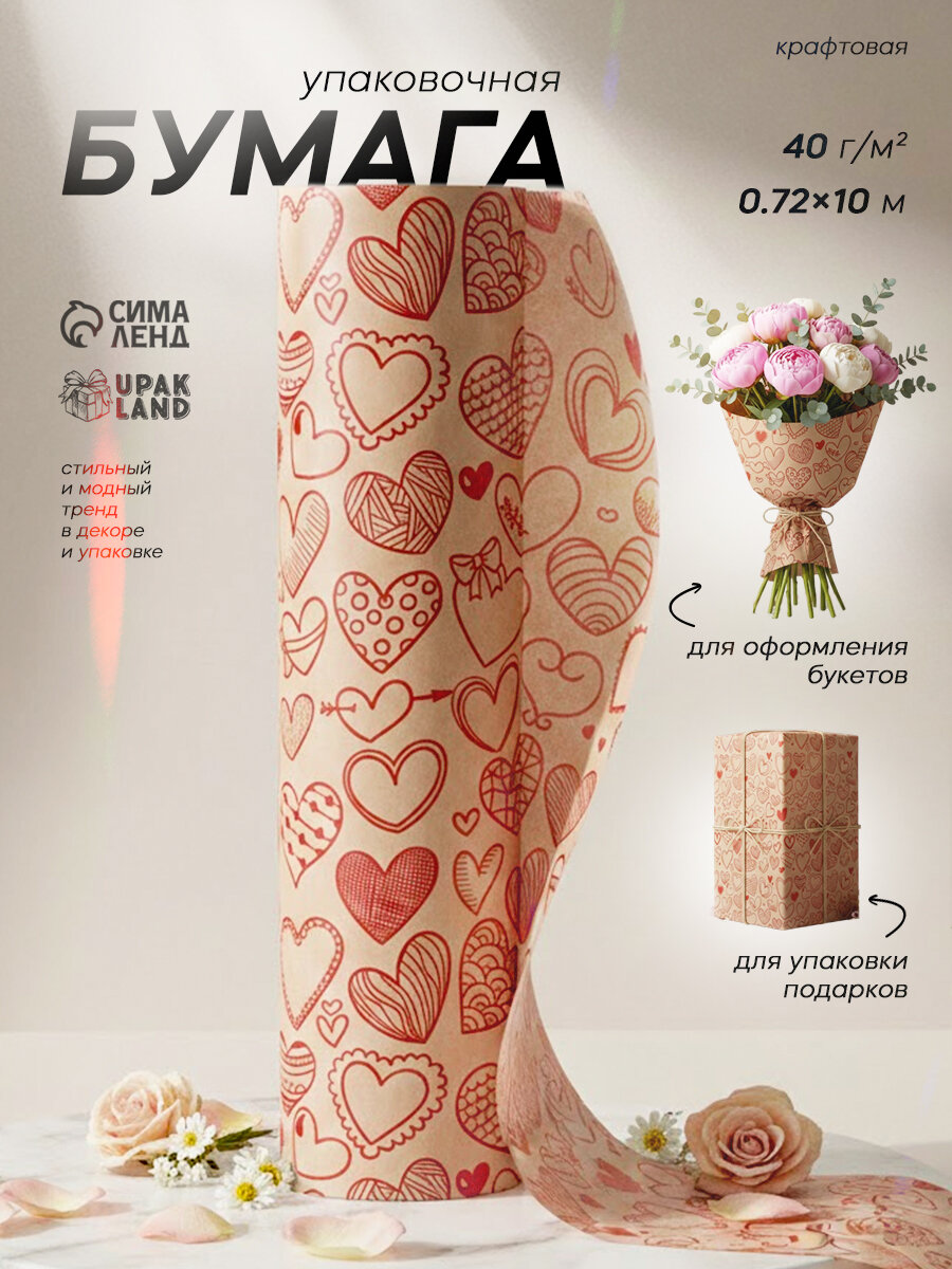 Бумага упаковочная крафт "Сердечки фигурные", красный, 40 г/м² ,0,72 х 10 м