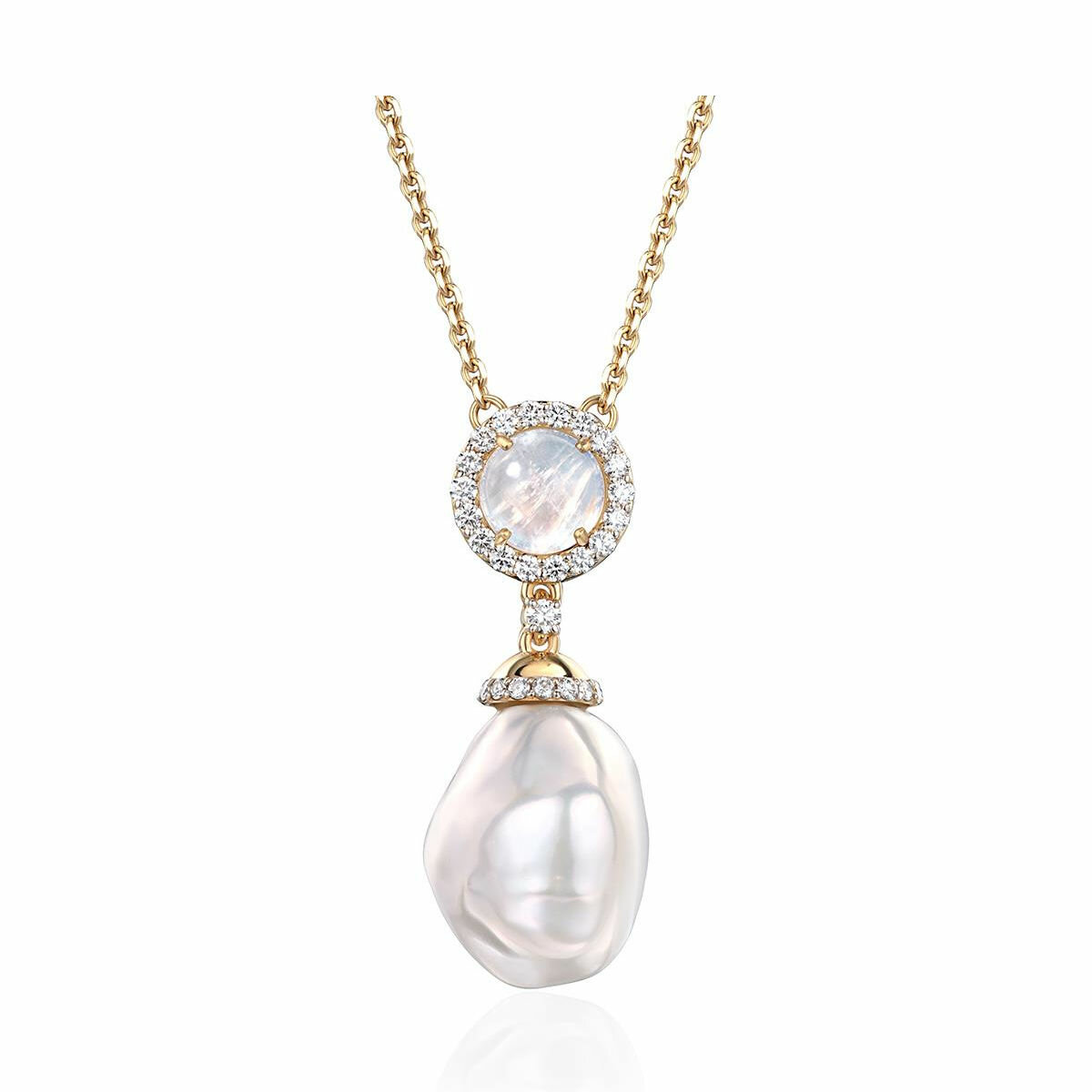 Колье, желтое золото, 585 проба, жемчуг, лунный камень