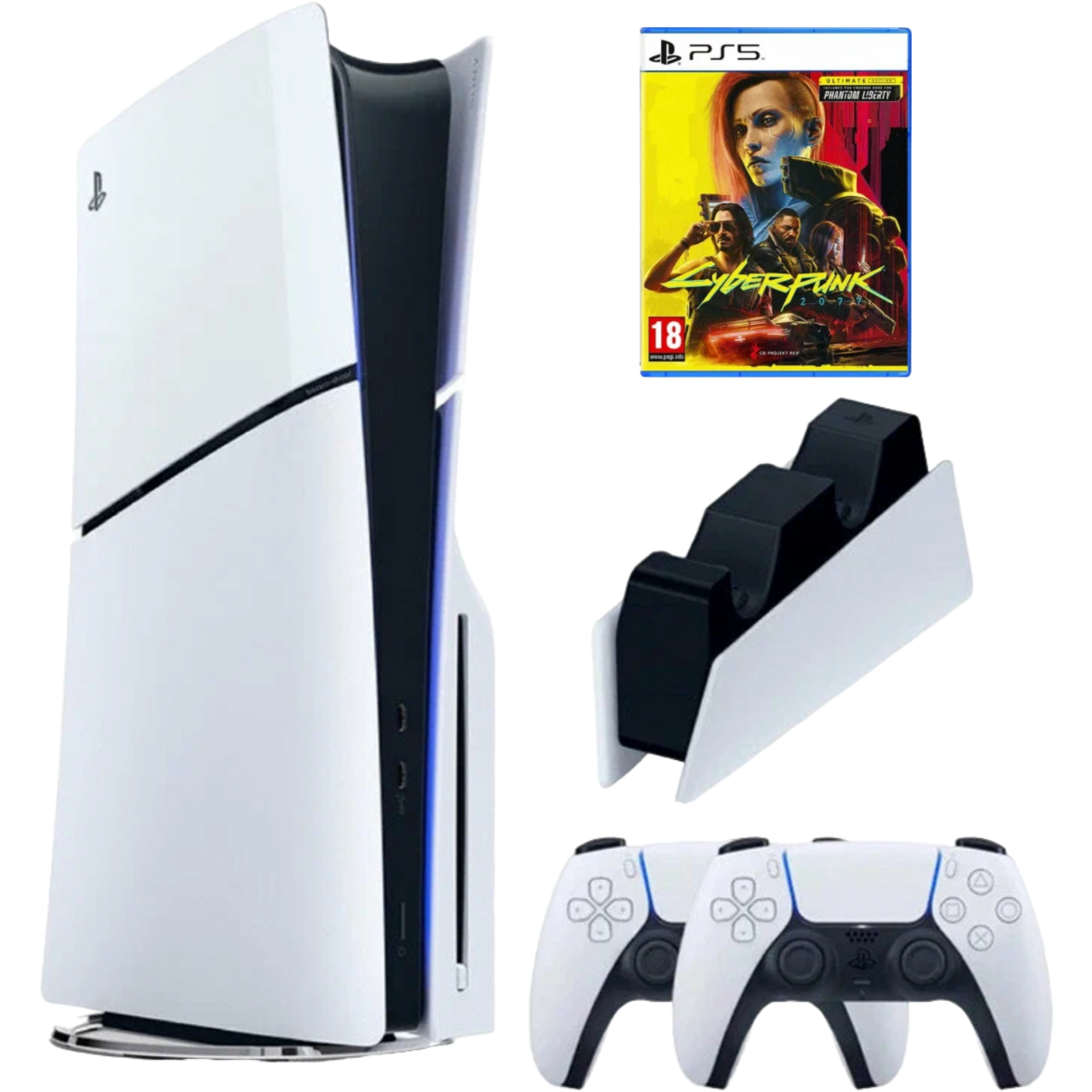 Игровая приставка Sony PlayStation 5 Slim, 1ТБ(с дисководом), 2й геймпад белый + Cyberpunk-2077 + зарядная станция
