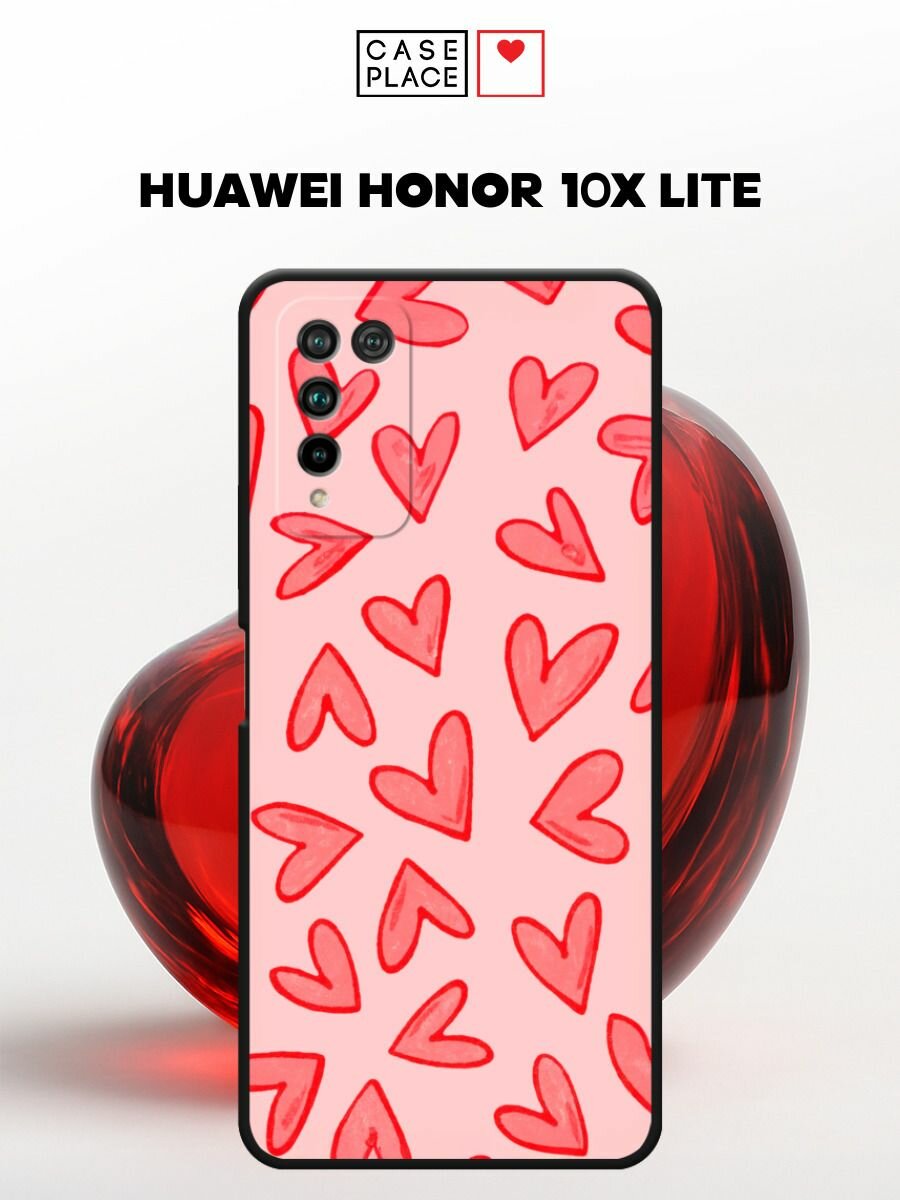 Черный матовый чехол на Honor 10X Lite / Хонор 10Х Лайт с принтом Меловые сердечки паттерн