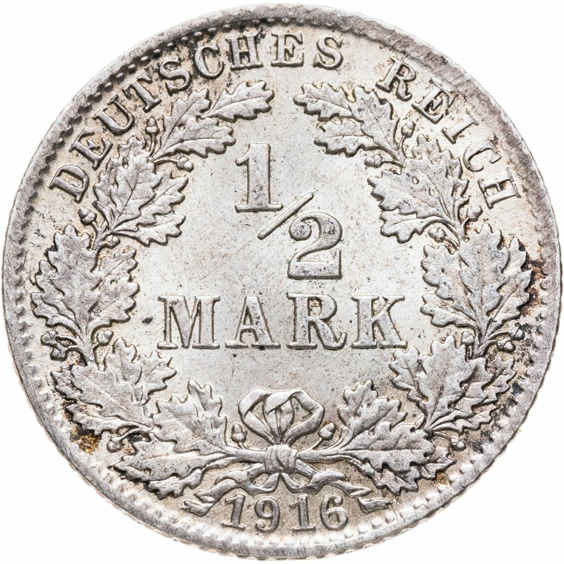 Германия 1/2 марки mark 1916, знак монетного двора: "D" - Мюнхен, Серебро 900, в сохранности AU-UNC