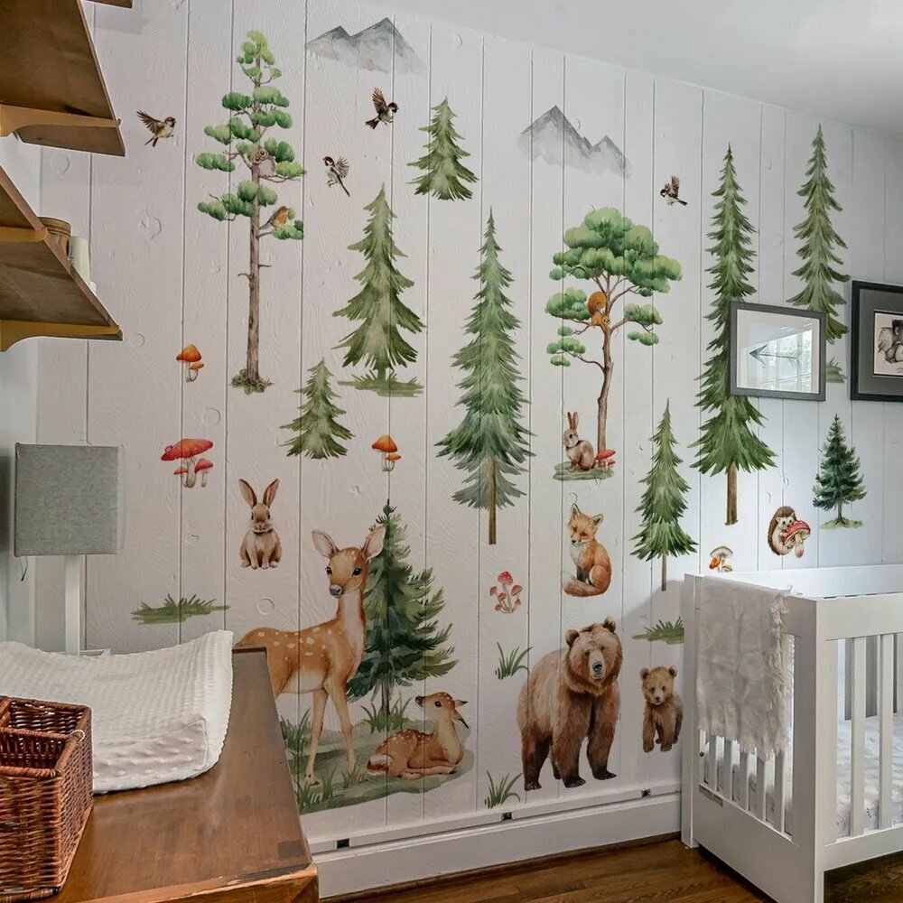 Наклейки на стену с изображением мультяшных лесных животных, самоклеящиеся украшения для детских комнат и спален.