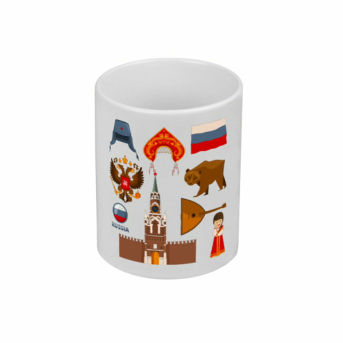Кружка «Россия в символах: медведь, Кремль, балалайка» (белый)