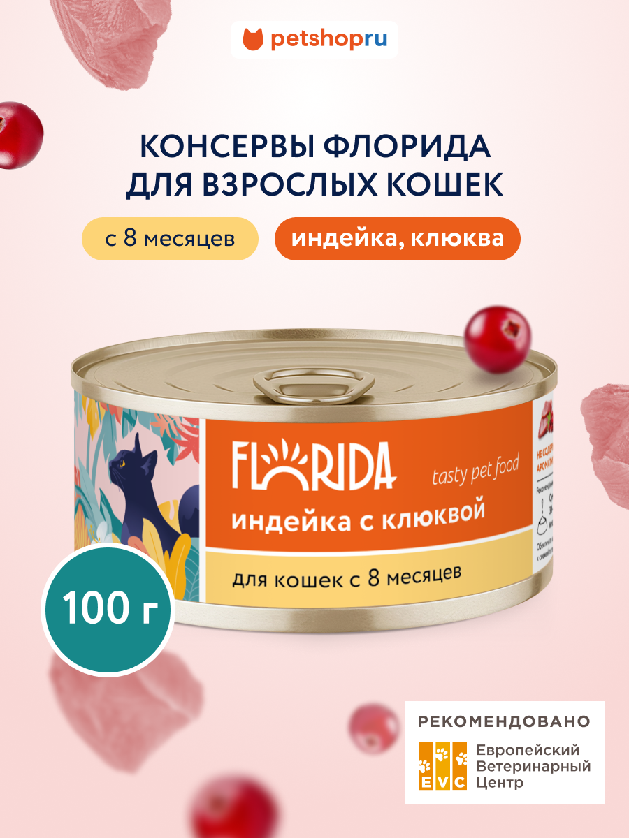 FLORIDA Консервы для кошек, индейка с клюквой, 1 шт, влажный корм, 100 г