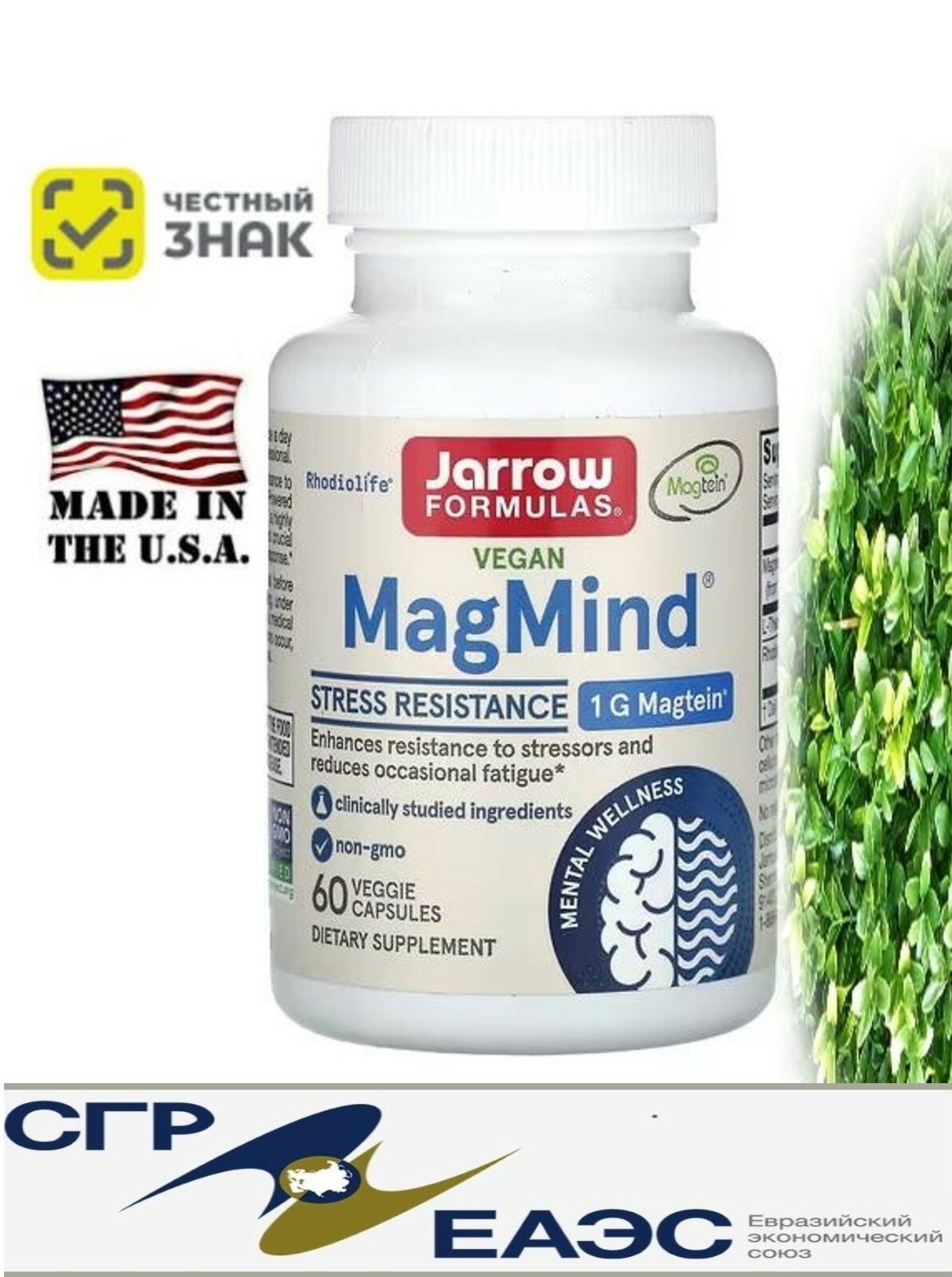 БАД Jarrow Formulas MagMind 1G 60 veg caps/ "МагМайнд" 60 вегетарианских капсул для улучшения мозговой активности. Товар промаркирован в системе "Честный Знак"