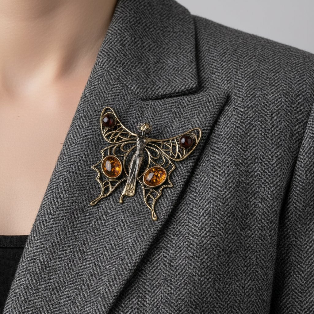 Брошь, янтарь