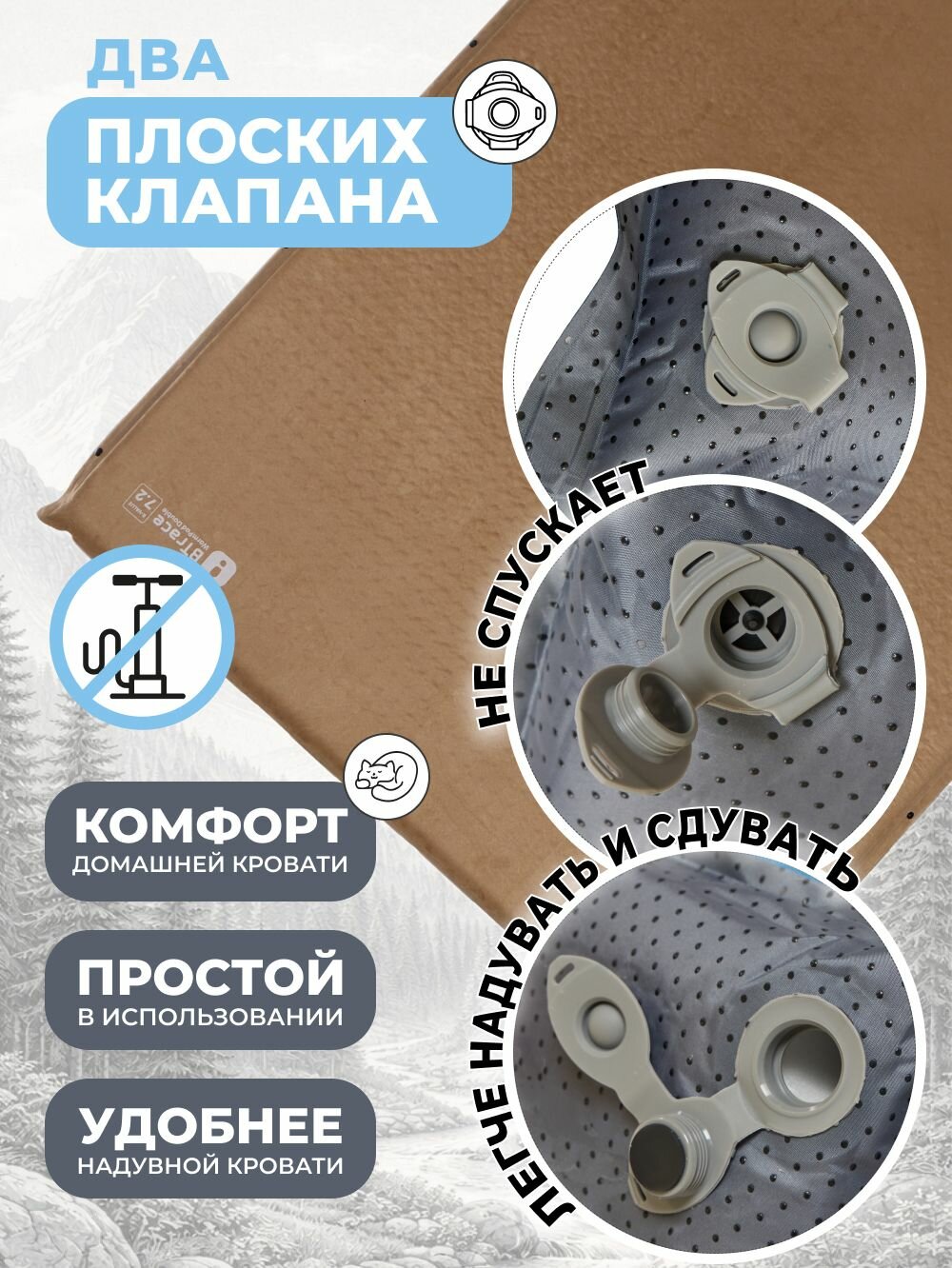 Коврик кемпинговый самонадувающийся BTrace Warm Pad Double, коричневый, 188*130*5 см — фото 1