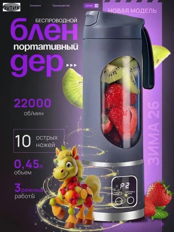 Портативный блендер б123о для смузи, фиолетовый/светло-серый, беспроводной
