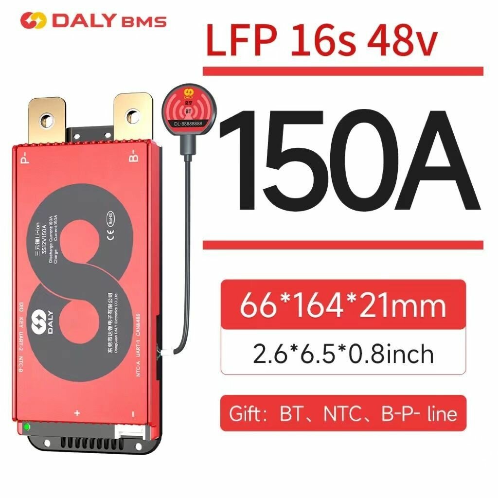 DALY SMART BMS 150A Lifepo4 16S 48V Поддержка непрерывного тока 150A с Bluetooth и функцией балансировки UART/ RS485/CAN