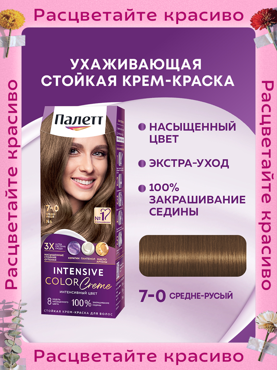 Палетт Стойкая крем-краска для волос Интенсивный цвет 7-0 Средне-русый, 110 мл
