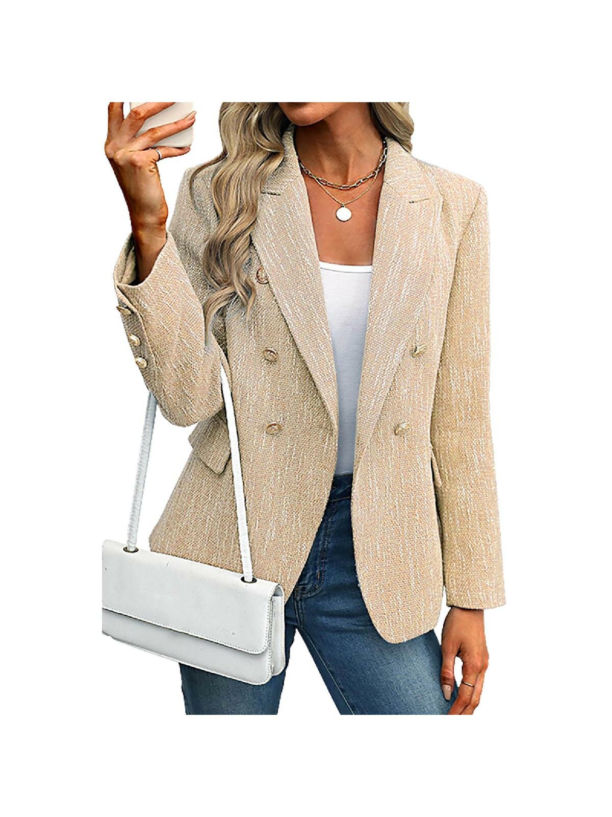 Женский Твидовый Блейзер В деловом стиле, Повседневный - Двубортный пиджак С длинными рукавами, Рабочий костюм с открытой передней частью