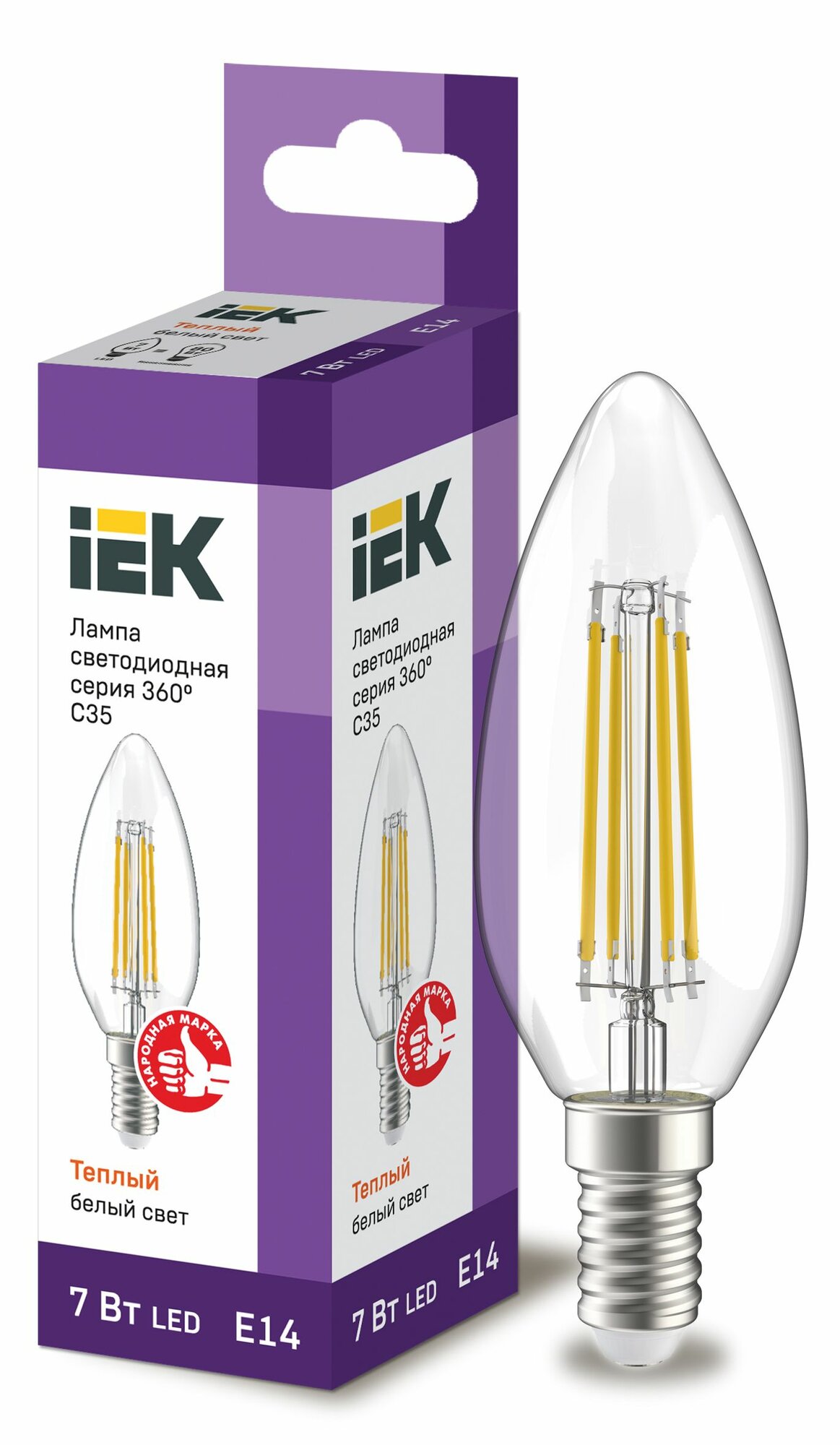 Лампа светодиодная IEK C35 свеча прозрачная 7Вт 230В 3000К E14 серия 360 градусов