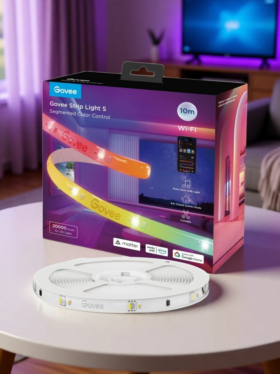 Cветодиодная лента RGB Govee RGBICW LED Strip Lights с поддержкой Matter H612CCD1, умная LED подсветка 10 метров