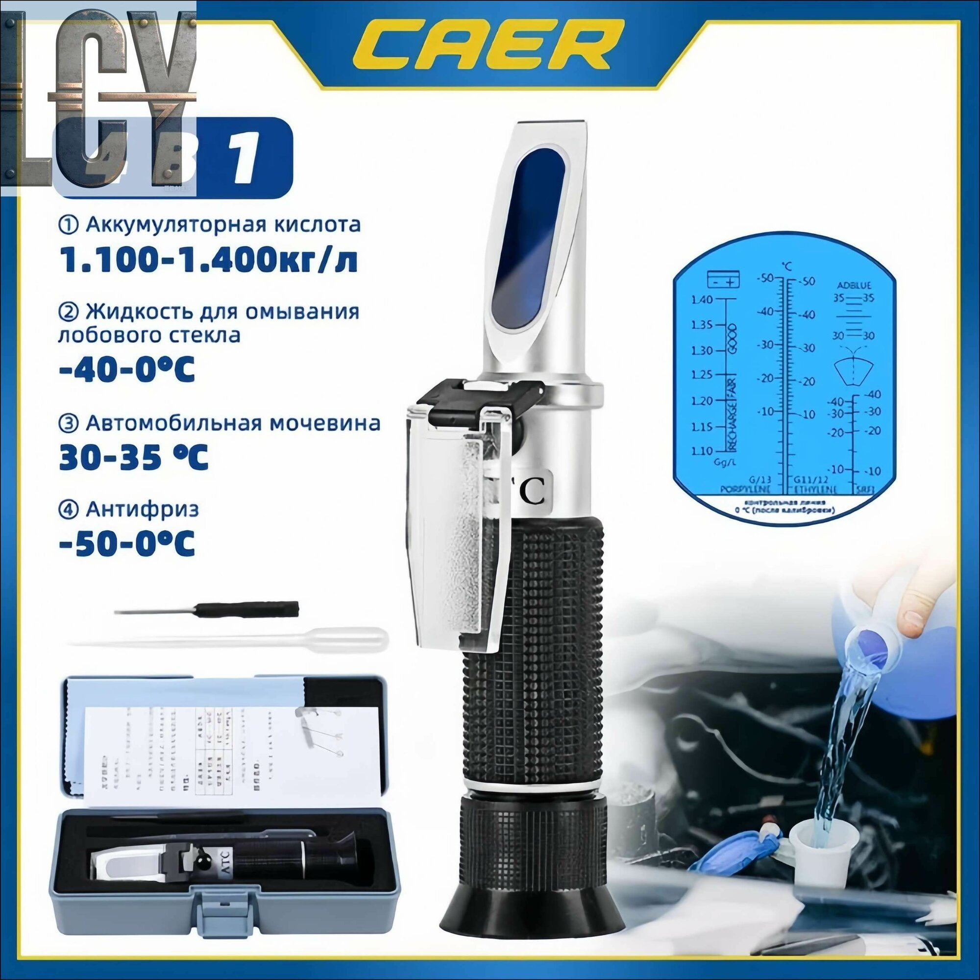 Автомобильный рефрактометр 4 в 1 - (RZ115), для антифриза, охлаждающей жидкости, электролита и мочевины