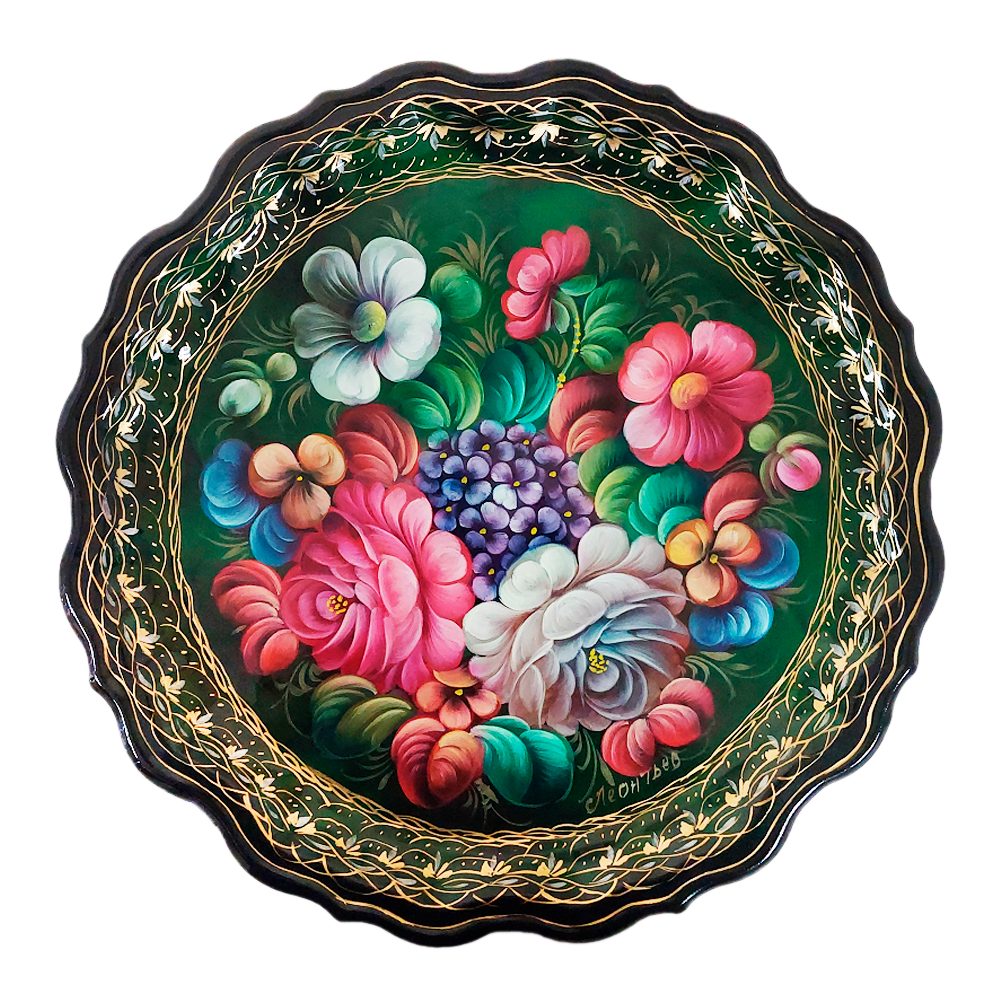 Поднос металлический, круглый "Цветочные аккорды", жостово 37см.