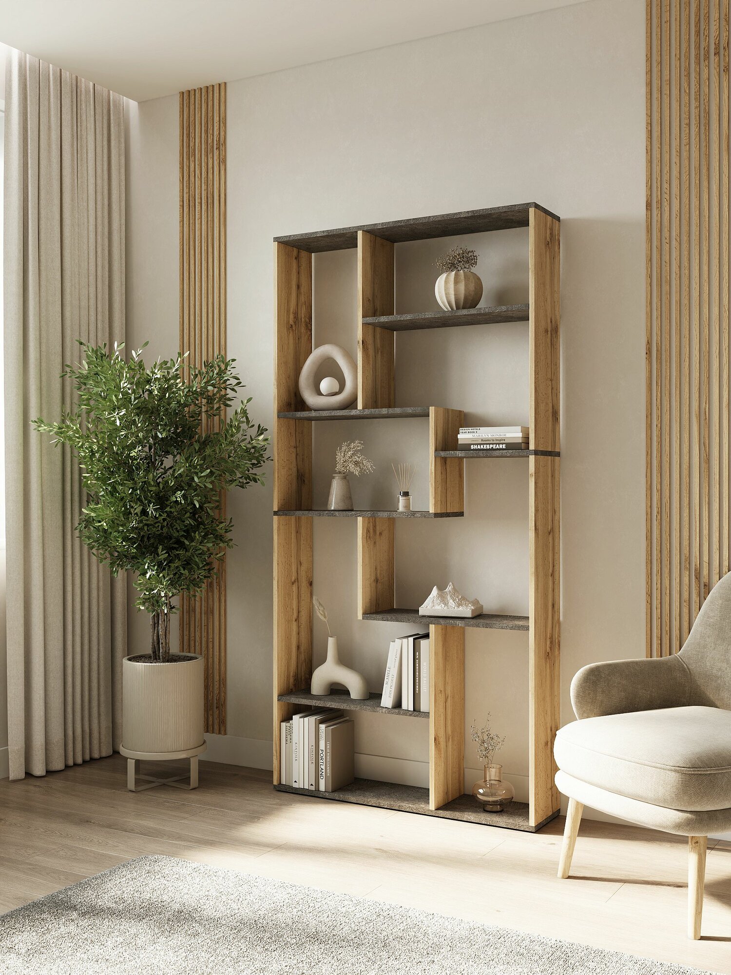 Стеллаж деревянный напольный, перегородка, открытый с полками Джаакко, Дуб Вотан/Цемент Темный, (ШхВхГ) 90х178,8х21 см