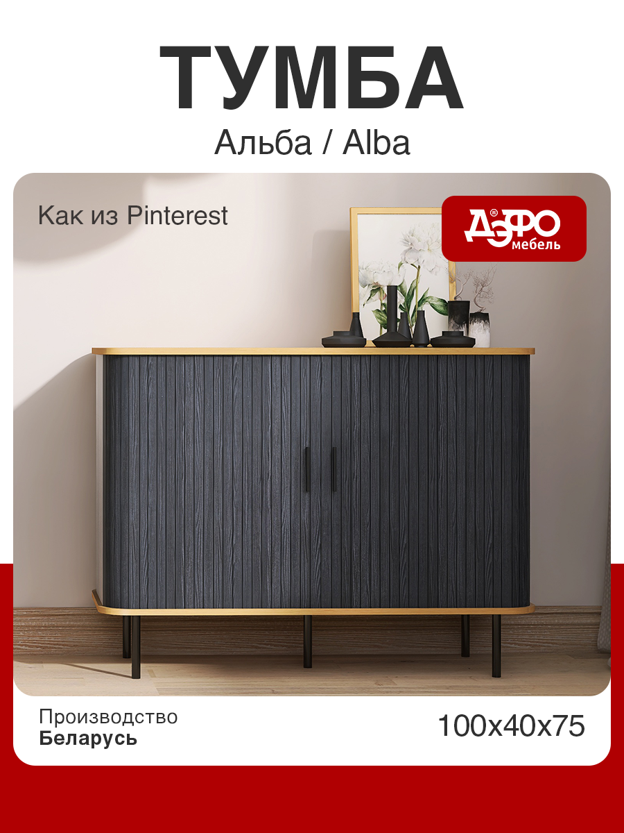 Тумба напольная Альба ТМ дэфо 100х40х75 см, высокий комод с ролетными дверями, лофт, черный / дерево