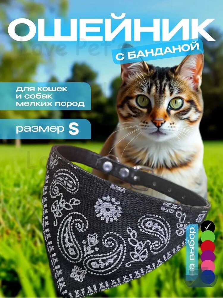 Ошейник для кошек и собак с банданой платком чёрный, размер S, для прогулок