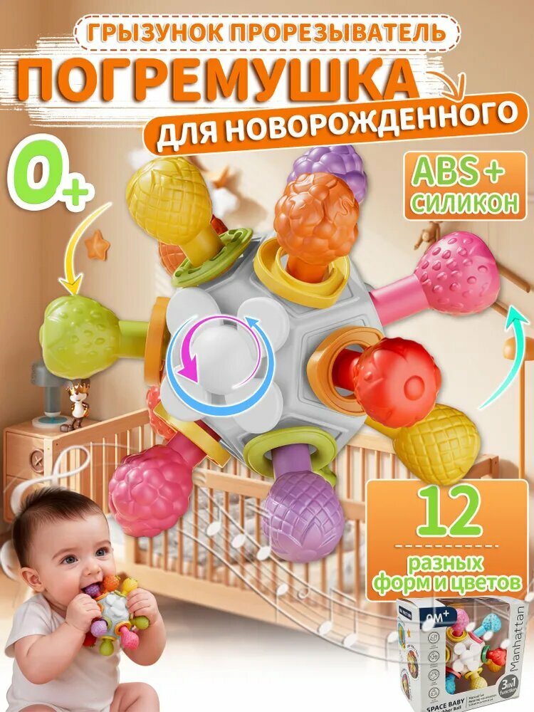 Грызунок прорезыватель, погремушка, для новорожденных 0-12 месяцев, игрушки для малышей, развития моторики и массажа десен, подарок на рождение