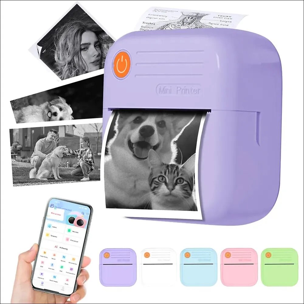 Мини-принтер термо, Монохромный, Портативный принтер для наклеек, Bluetooth, Фиолетовый