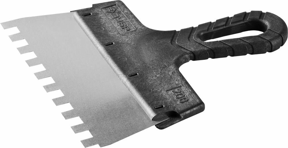 Нержавеющий фасадный шпатель ЗУБР, 200 мм, зуб 10х10 мм, пластиковая ручка 10078-20-10