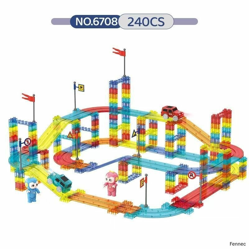 Конструктор Pelican Happy Toys магнитный светящийся 240 деталей Гоночный трек с машинками