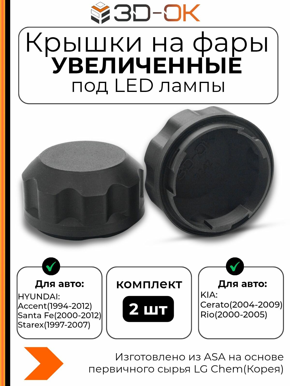 Крышки фары увеличенные под LED лампы для Hyundai Accent, Santa Fe, Kia Cerato, Rio