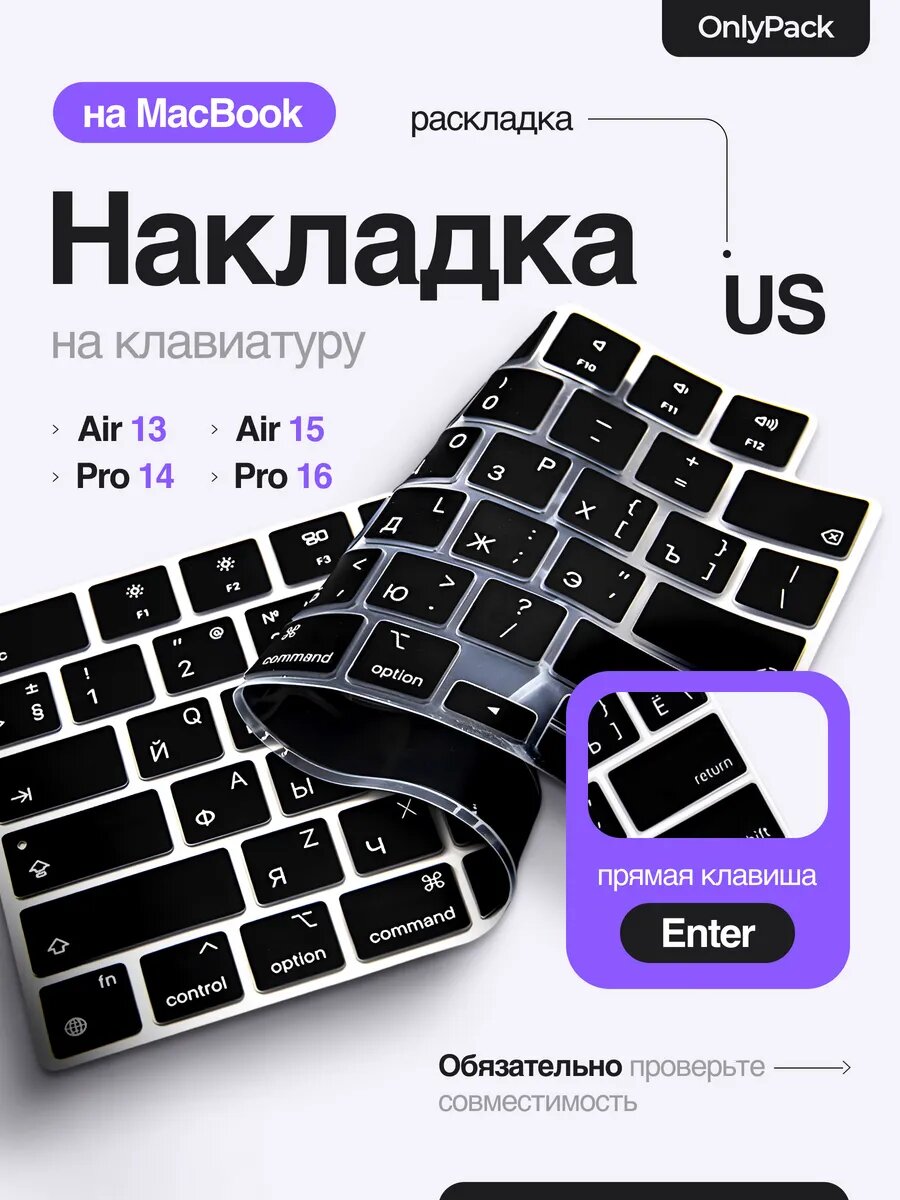 Черная накладка на клавиатуру для Macbook Pro 14/16 2021-2024 / Air 13/15 2022-2026(US)