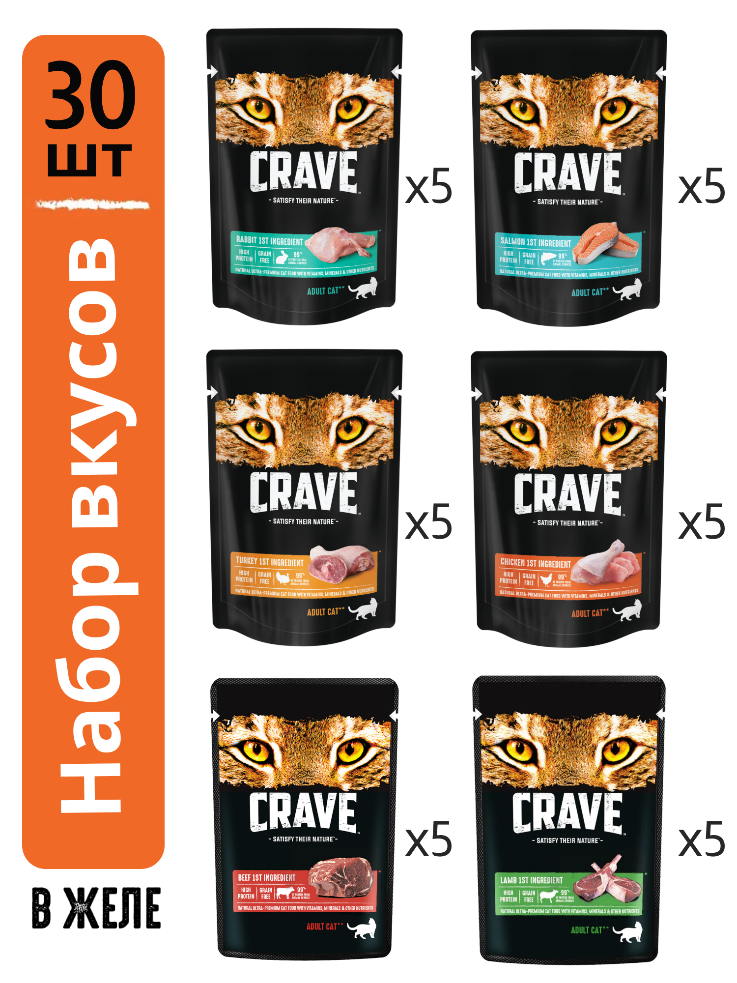 Влажный полнорационный корм CRAVE для кошек: говядина, индейка, кролик, курица, лосось, ягненок, в желе, 30 шт по 70 г