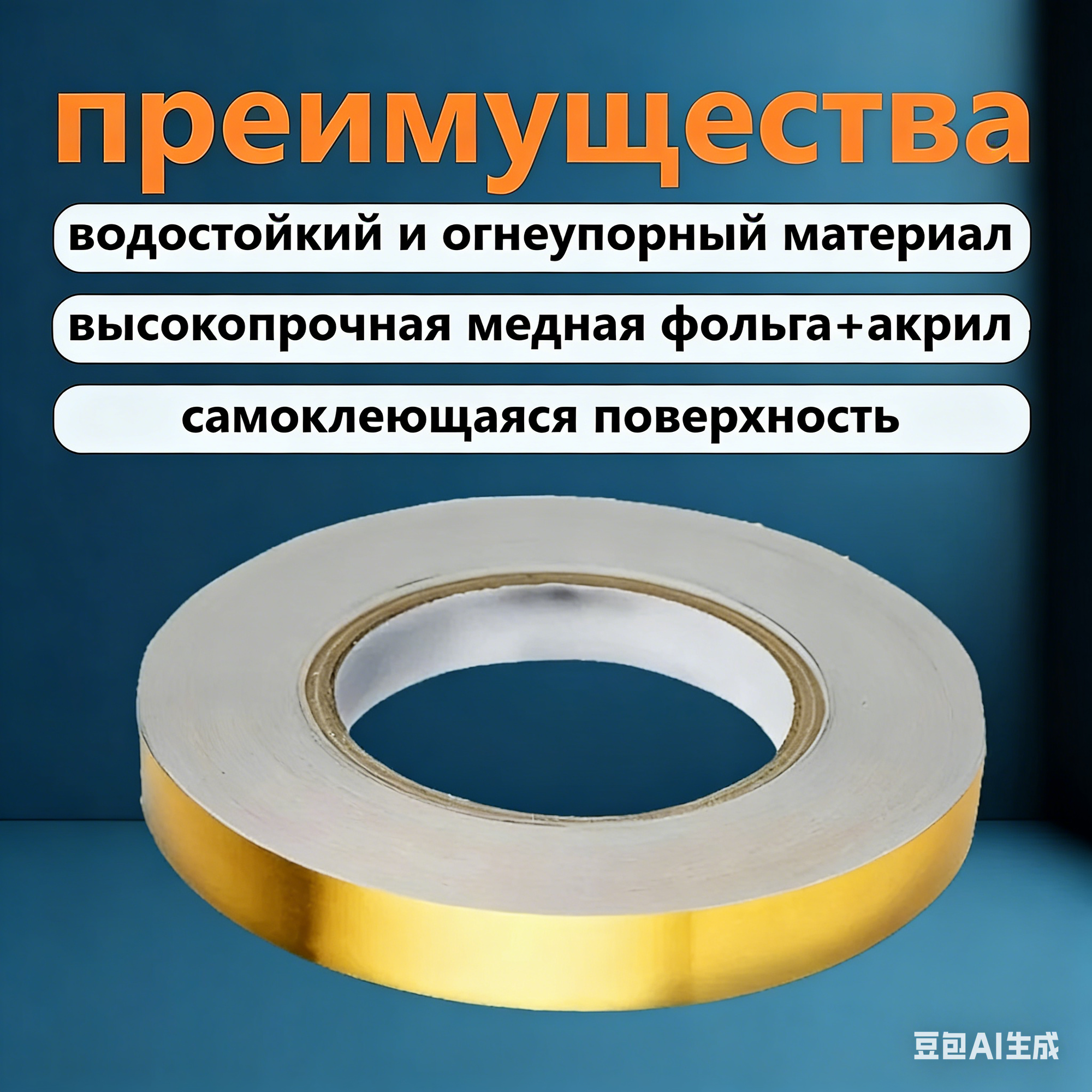 Молдинг, самоклеящийся, влагостойкий, 2025, золотой, 10 мм x 25 м