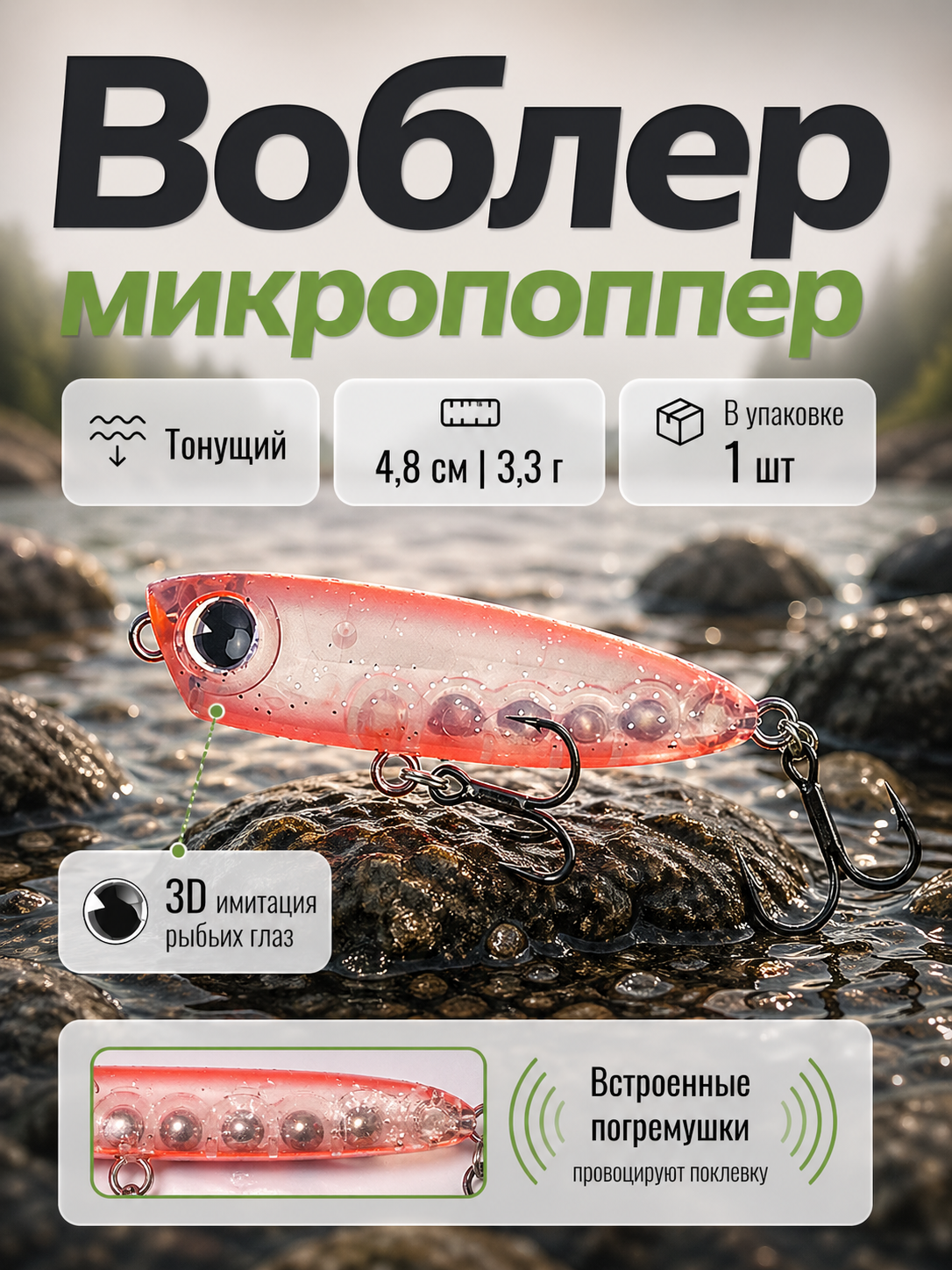 Воблер микропоппер, тонущая приманка, с погремушками и тройными крючками 4,8 см/3,3 г, прозрачно-оранжевая
