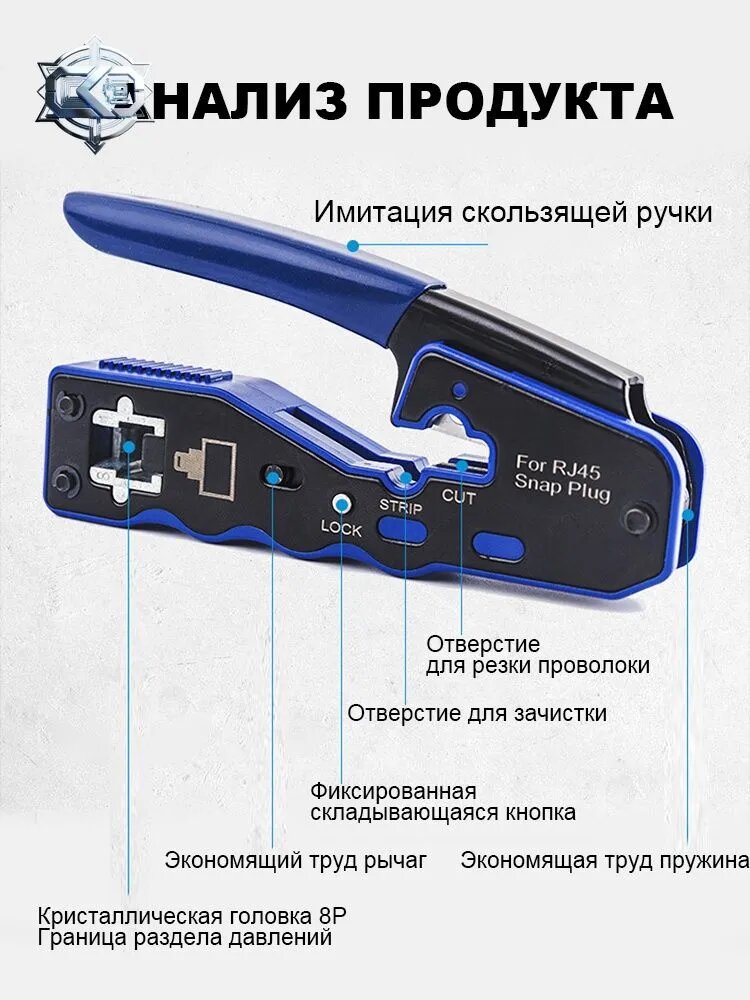Кримпер HH для RJ45, для обжима и зачистки витой пары и силового кабеля, синий — фото 1