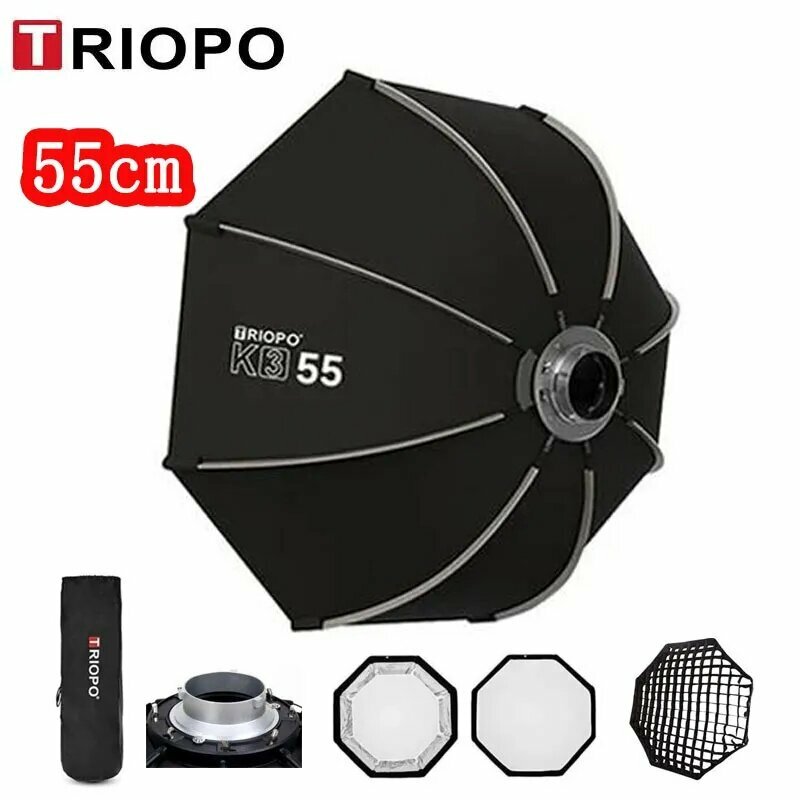 Софтбокс TRIOPO серии K3 55 см с быстрой установкой, восьмиугольный, крепление Bowens для студийного светодиодного видеосвета Godox Aputure Sokani