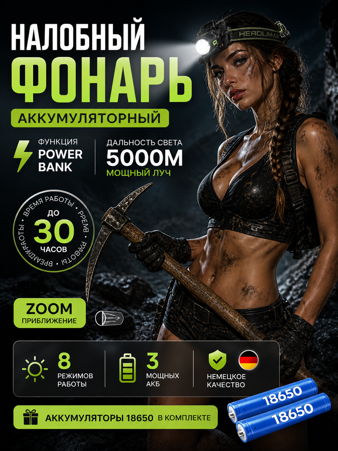 Фонарь налобный, аккумуляторный, светодиодный, LED с зарядкой