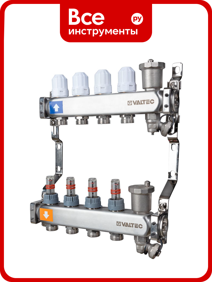 Коллекторный блок VALTEC VTc.579, нержавеющая сталь, 1x3 выхода, Евроконус, 3/4"