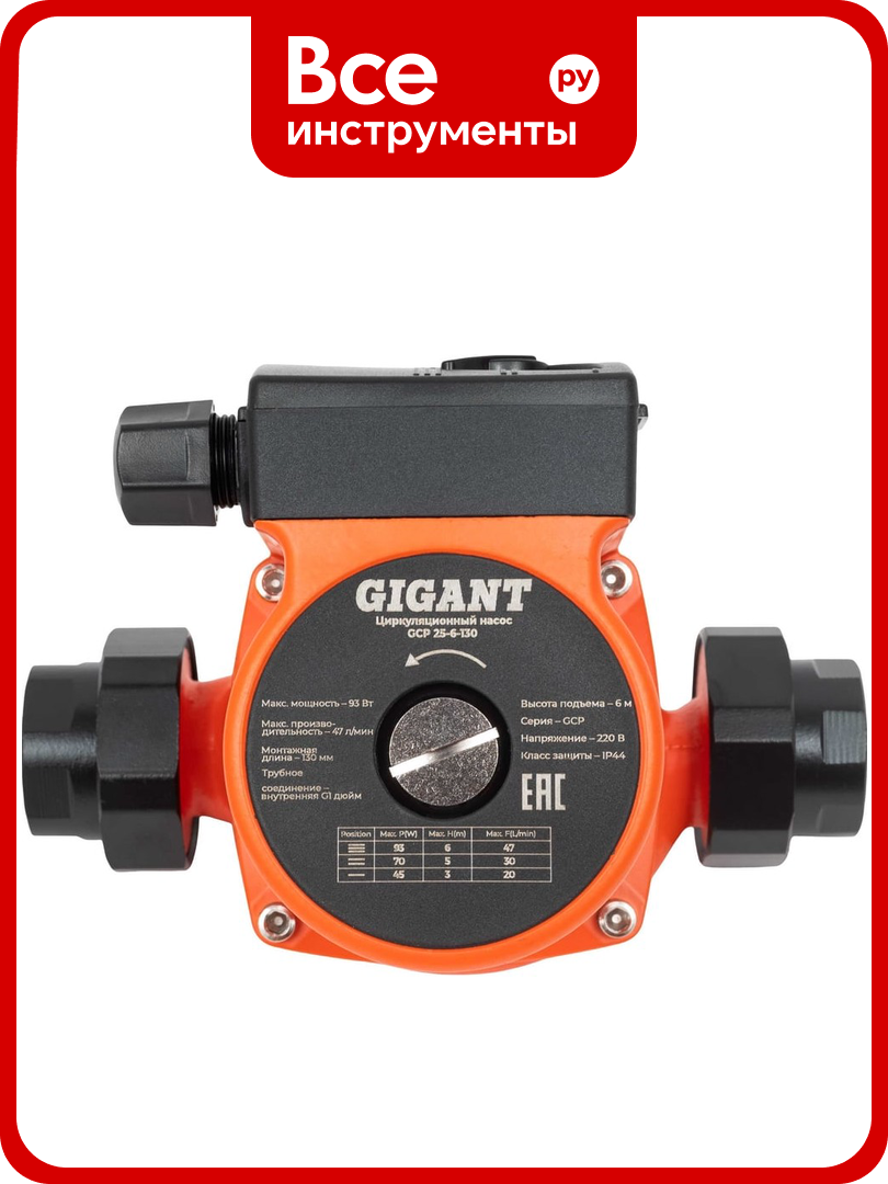 Циркуляционный насос Gigant GCP 25-6-130 с мощностью 93 Вт и высотой подъема 6 м для котлов отопления