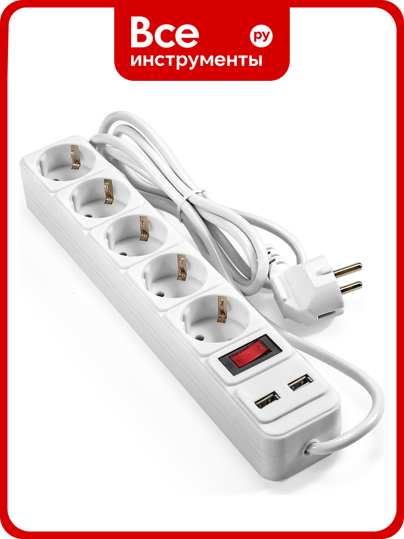 Сетевой фильтр-удлинитель с USB зарядкой ExeGate SP-5-USB-1.8W 5 евророзеток с заземлением, 2 USB-A 2A, 1.8м, защита