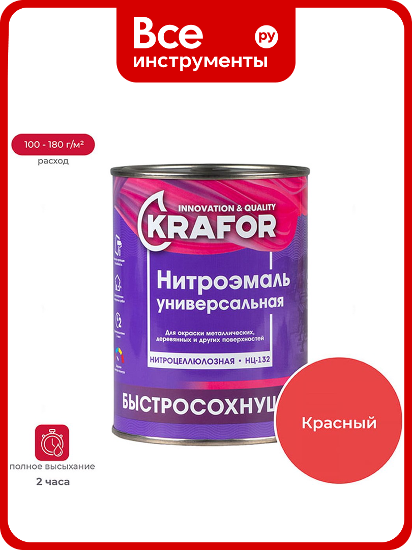Эмаль KRAFOR НЦ-132 красная, быстросохнущая, износостойкая, влагостойкая, глянцевая отделка для металла и дерева