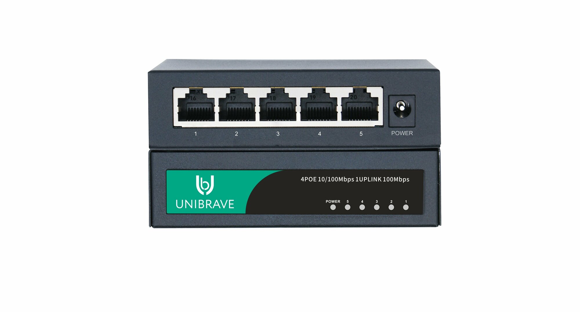 Неуправляемый коммутатор Unibrave с поддержкой PoE на 4 порта с внешним адаптером питания UB-SW-4F1F-48 out Base