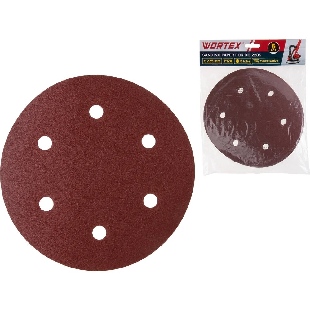 Шлифлист WORTEX 225 мм Р120 самосцепляющийся 6 отверстий 5 шт. для DG 2285 1304562