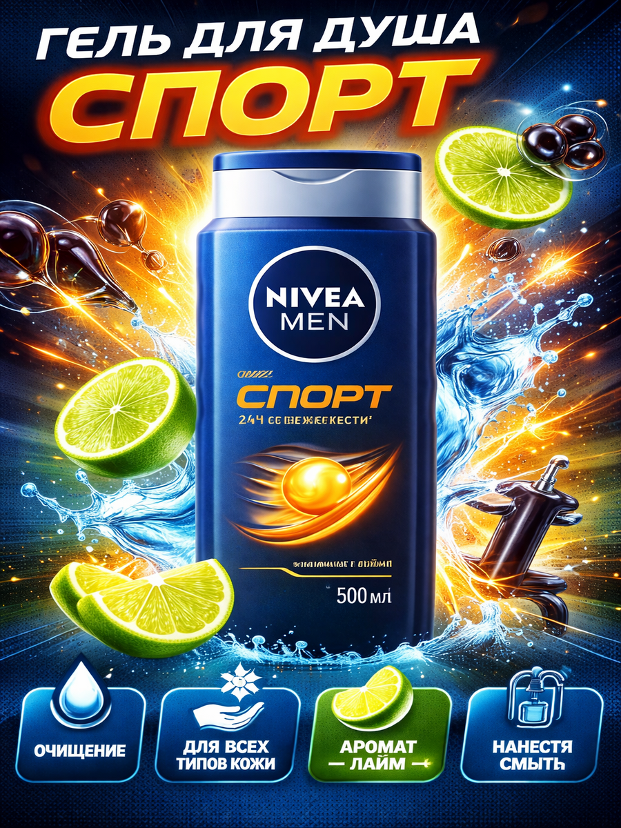 Гель для душа Nivea Men Спорт с лаймом, 500мл