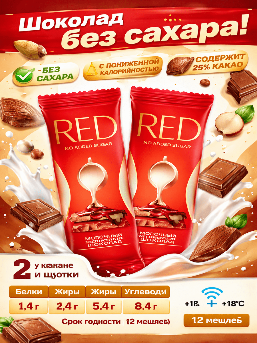 Шоколад Red Delight молочный без сахара, 20г x 2 упаковки