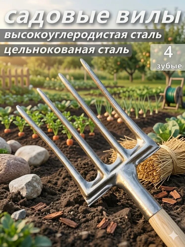 Вилы садовые из высокоуглеродистой стали 20.5см с 4 зубьями для сельскохозяйственных работ