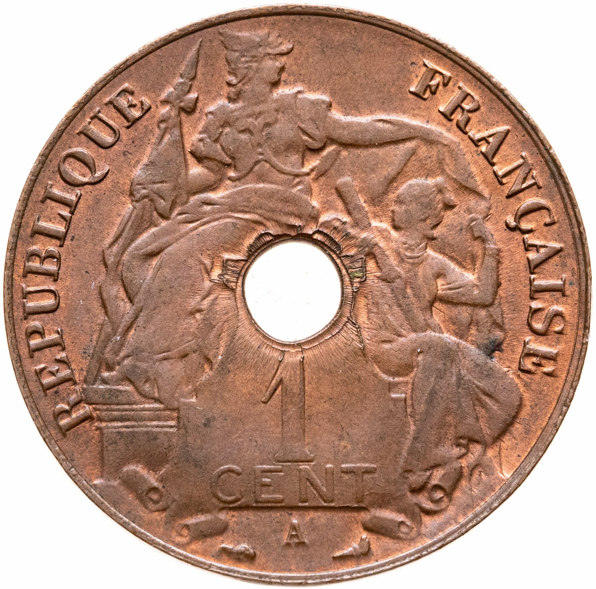 Французский Индокитай 1 сантим 1911 А, Бронза, в сохранности AU-UNC