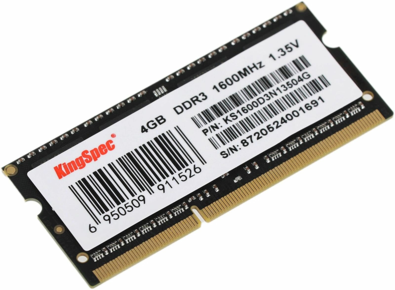 Оперативная память KingSpec DDR3, 4 Гб, 1600 МГц, PC3-12800, CL11, SO-DIMM, 204-контактная, 1,35 В, single rank (KS1600D3N13504G)