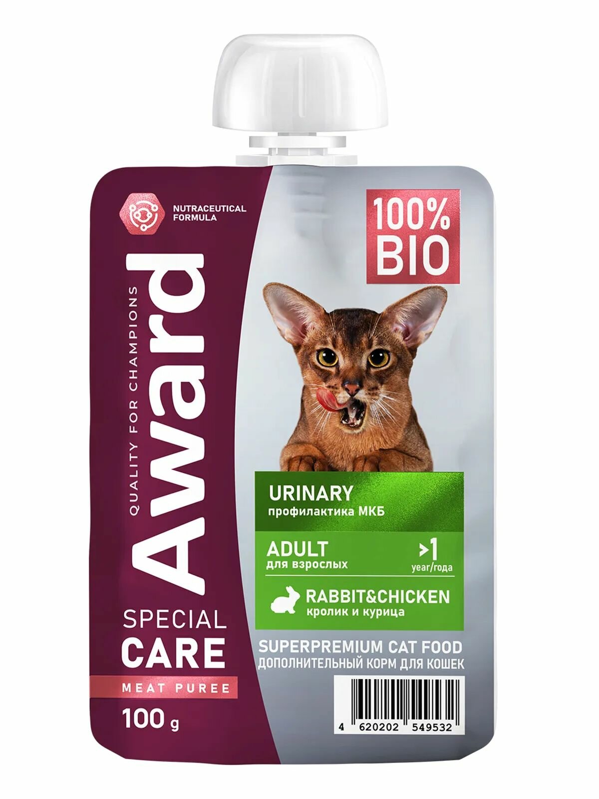 Корм AWARD Urinary, для кошек, профилактика мочекаменной болезни, пауч из курицы с кроликом 100г х 10шт.